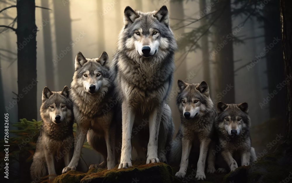 realistic photo Family of gray wolves in with forest background ...