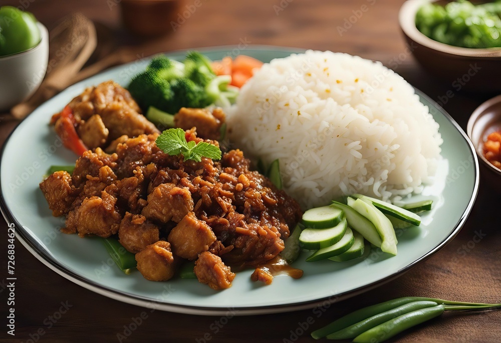 rendang focus plate chicken selective a beriyani rice side vegetable ...