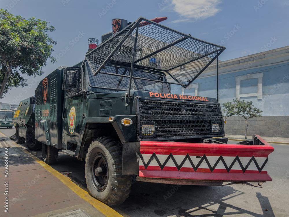 Water cannon riot control vehicle of the Peru National Police Stock ...