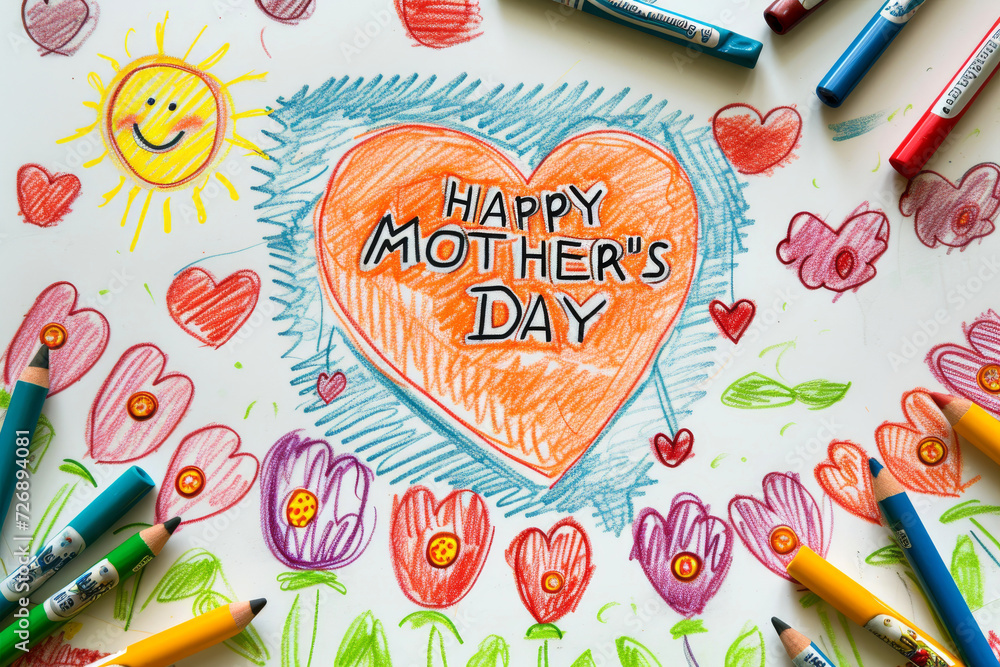 Child's Heartfelt Mother's Day Drawing. Colourful child's drawing for ...