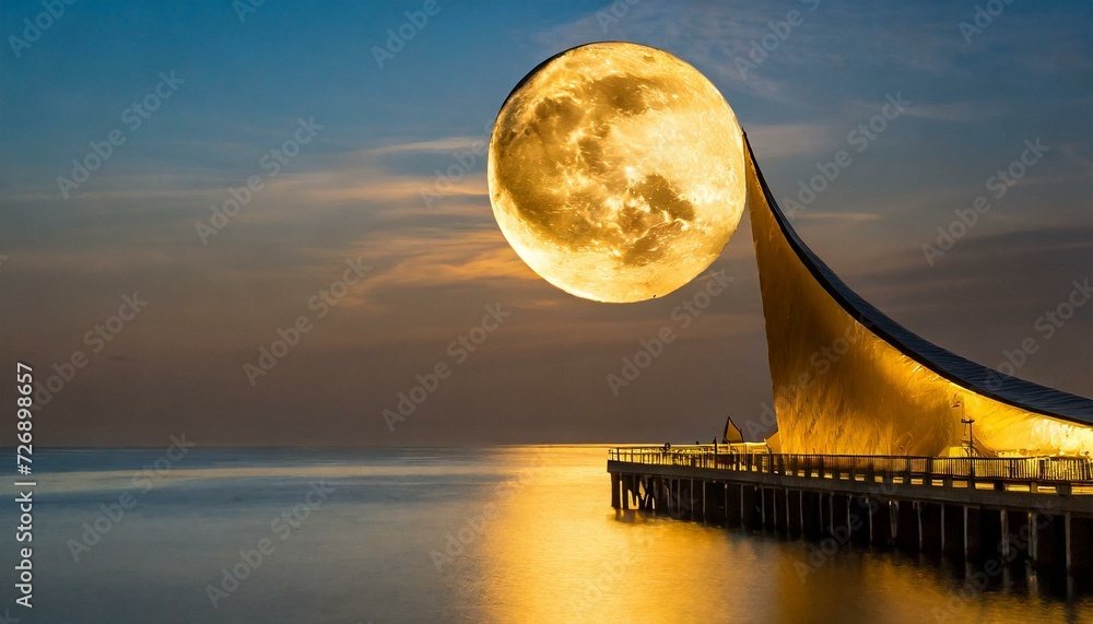 moon over the lake,The golden moon hung low in the night sky, casting a ...