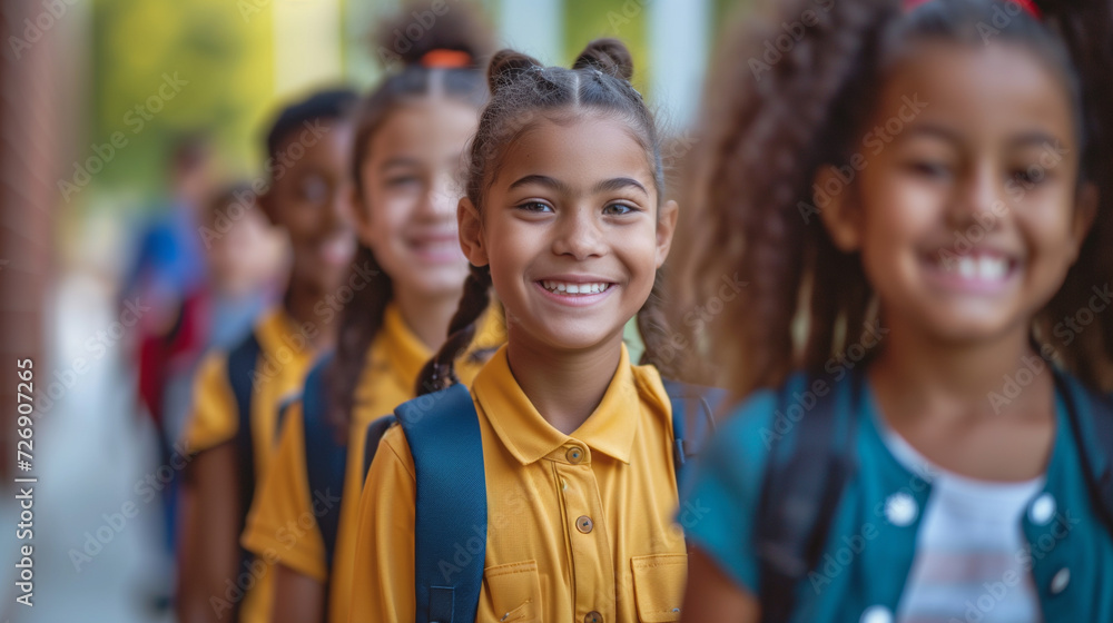 School girls in line to a classroom. Wearing yellow uniform. Stock ...