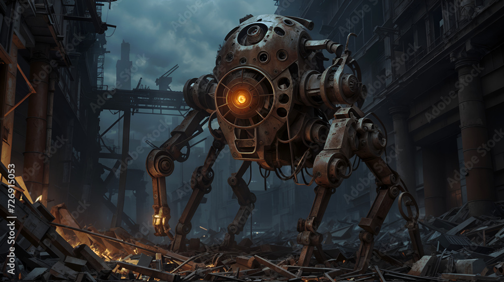 a large robot dog stands in an abandoned city. The dog has glowing red ...