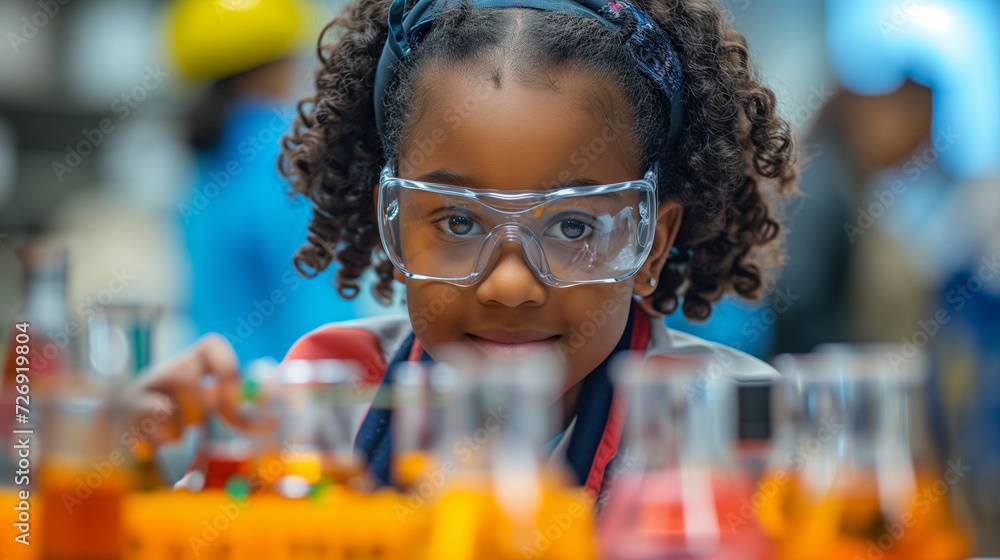 Elementary school girl doing science experiments in a classroom. Stock ...
