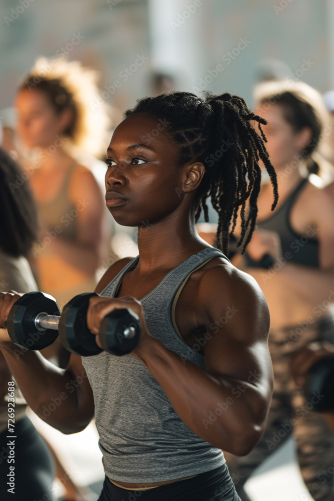Teamwork and strength in fitness A diverse group engaging in a dumbbell ...