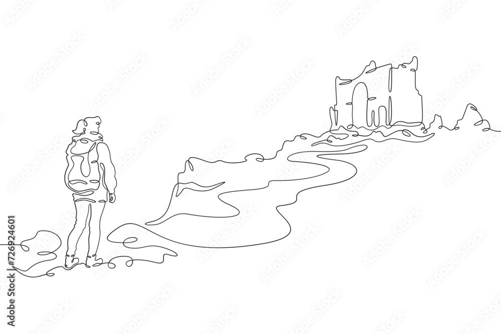Tourist at historical ruins. Traveler visits a cultural monument ...