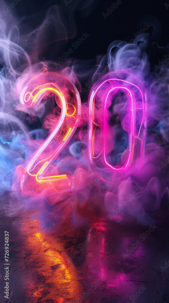 Colorful number twenty neon light with vibrant smoke on black ...