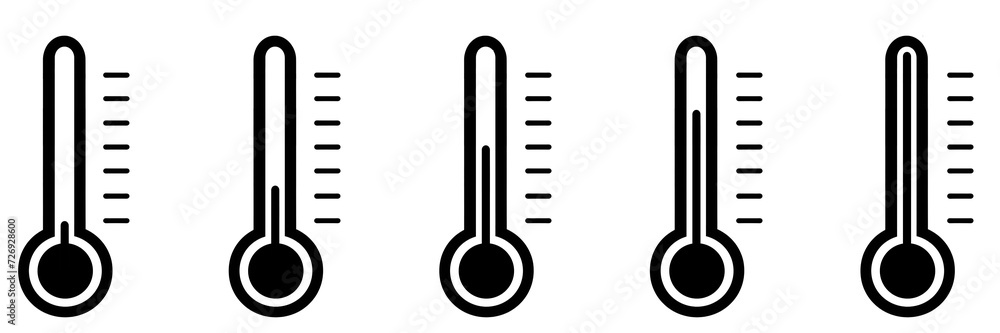 Five thermometers - black against transparent background - set of ...