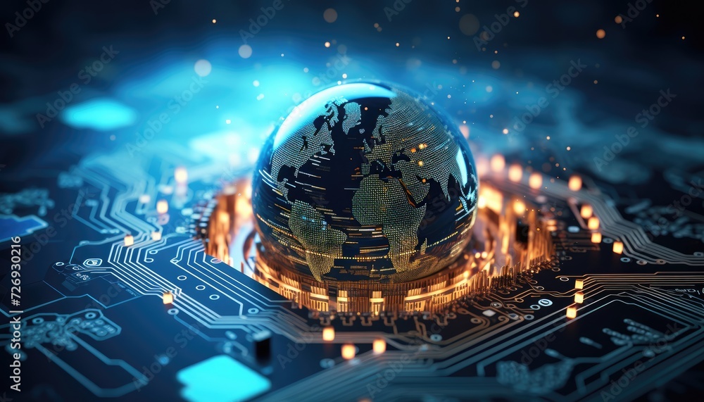 Earth digital globe on a motherboard illustrating global tech and ...