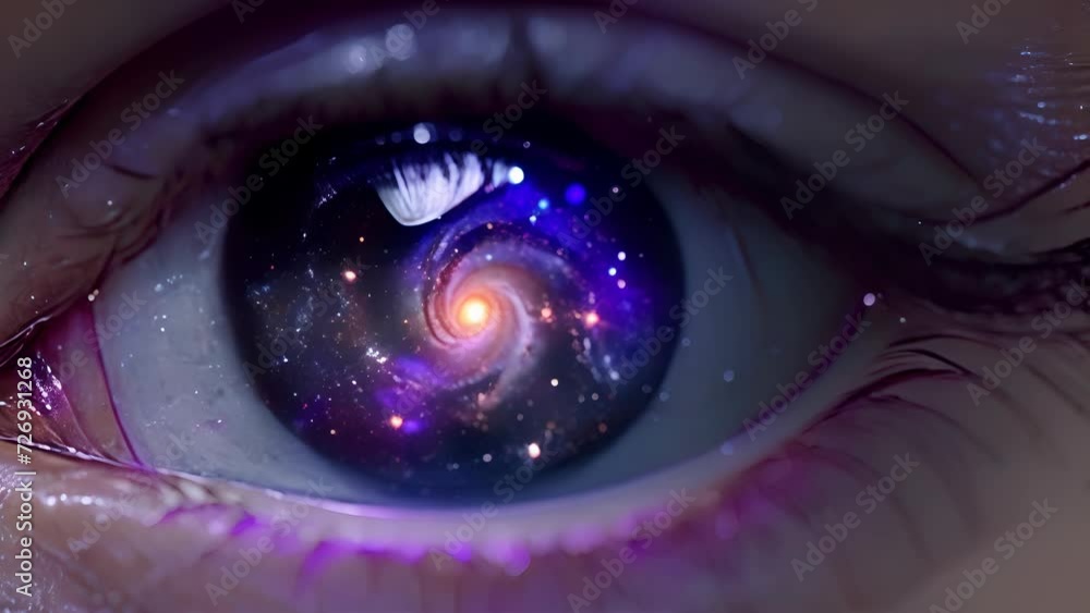A close-up of a human eye reflecting the nebulae and glimmer of the ...