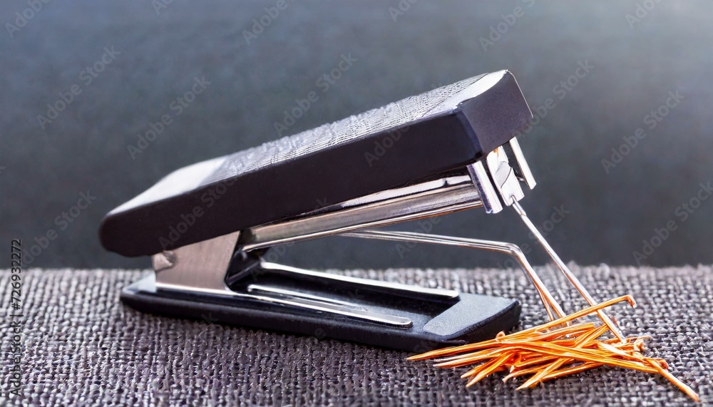 stapler and staples on white, staple needle in use. Including paper ...