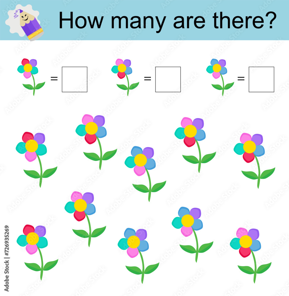 Math activity for children. Developing numeracy skills. Cartoon flowers ...