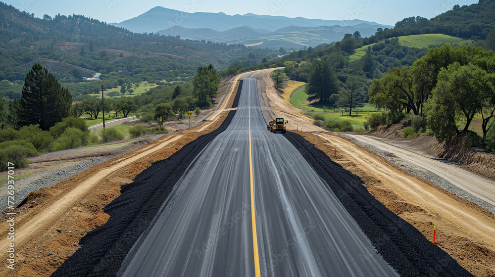 New asphalt road installation through the mountain range. Two lane ...