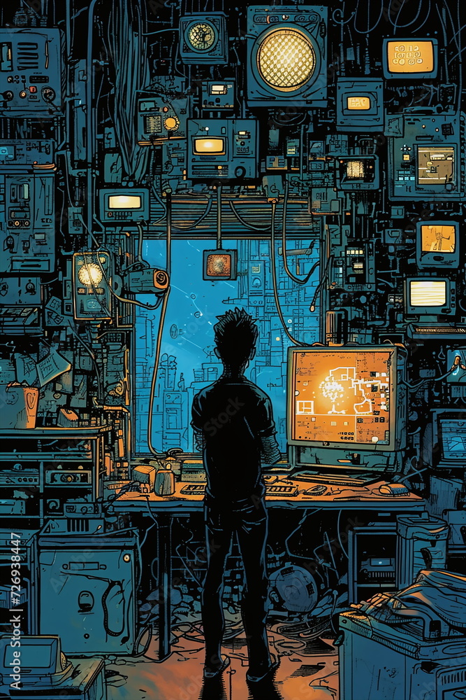 Cartoon of a boy in his room full of technolgy and screens ilustración ...