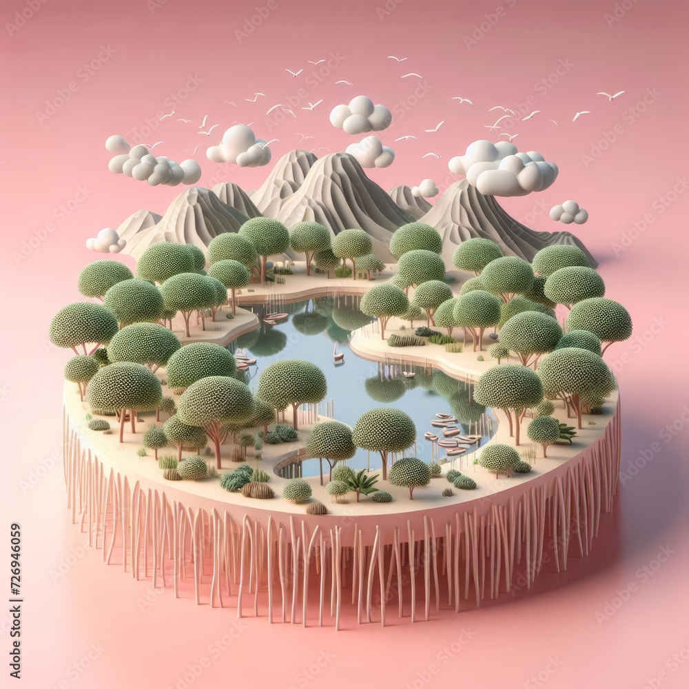 Lake with mangrove forest miniature isolated on a pastel pink ...