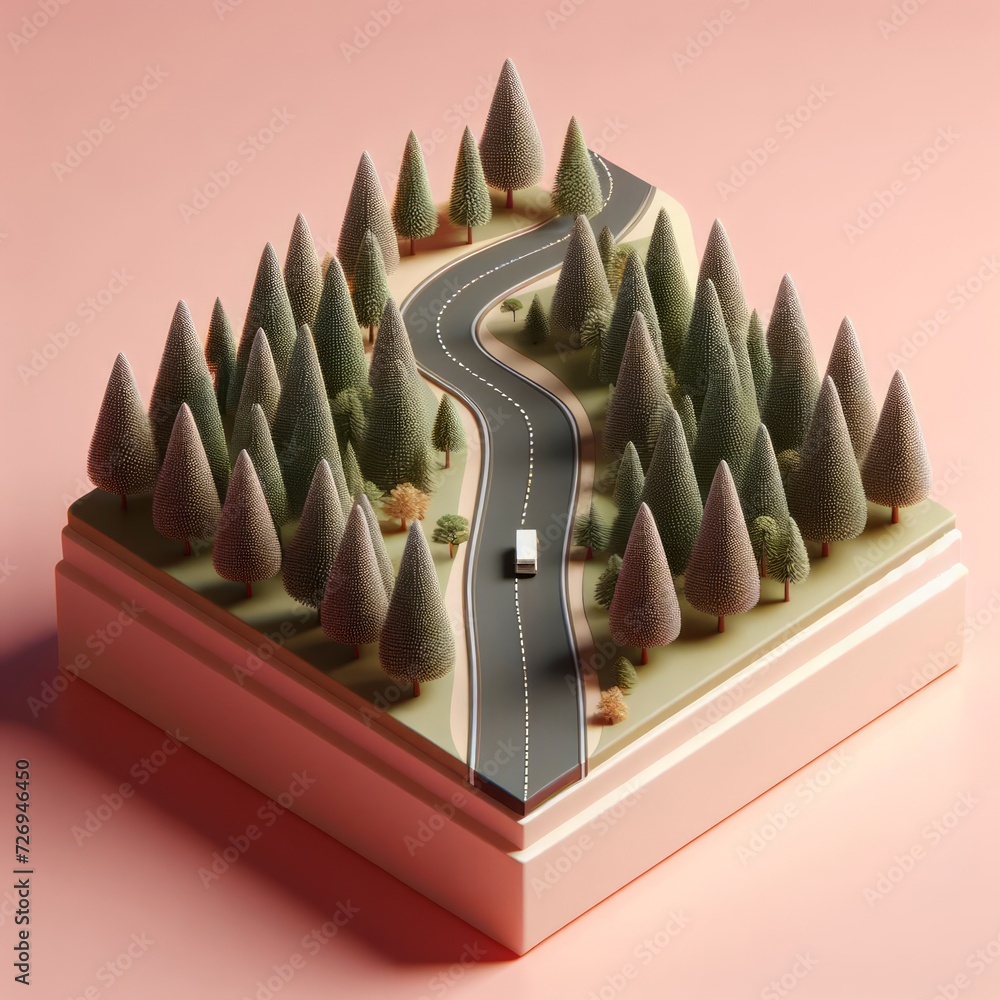 Coniferous forest with a road in the middle miniature isolated on a ...