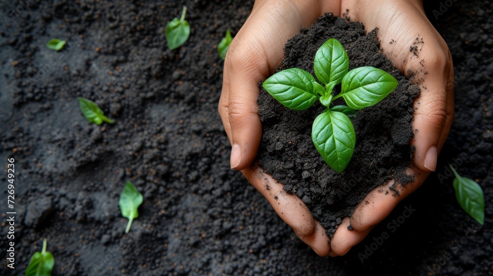 Human hands holding green seedling growing in soil on black background ...