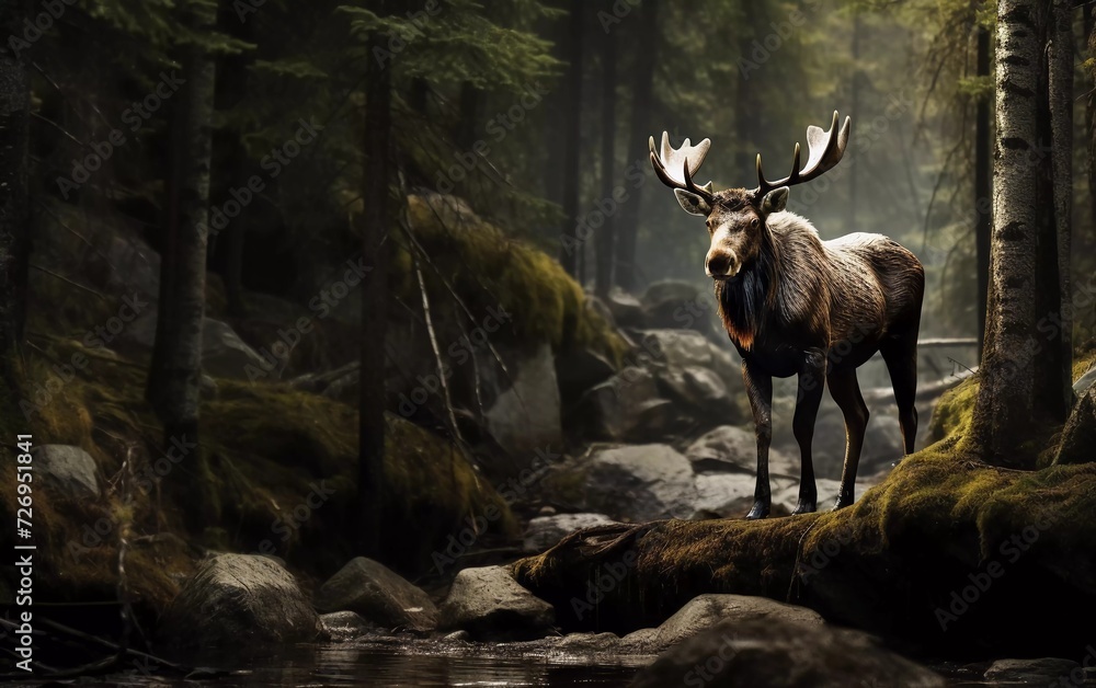 realistic photo of Moose in the forest among trees and rocks ...
