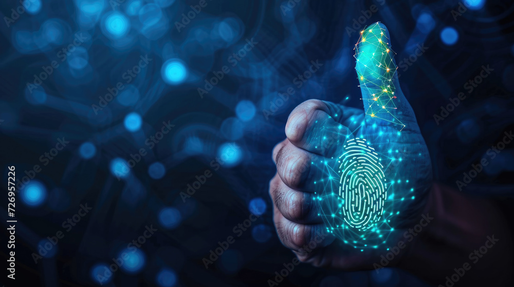 thumbs up with virtual fingerprint to scan biometric identity and ...
