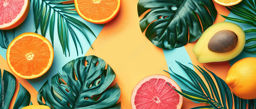 Vibrant and exotic, tropical fruits and leaves banner, stunning array ...