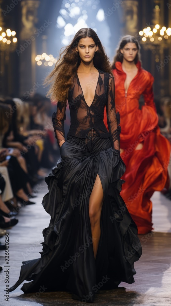 Beautiful charming young female models wearing black and red dresses confidently parade along ...