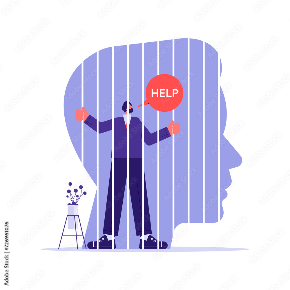 Mind prison psychological concept, head silhouette with personal mental ...