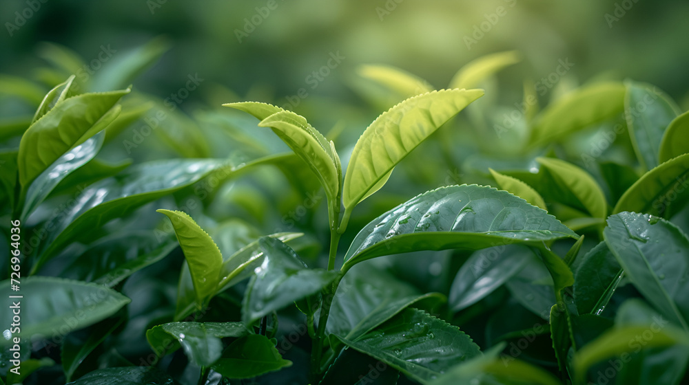 Green tea tree leaves field young tender bud herbal Green tea tree in ...