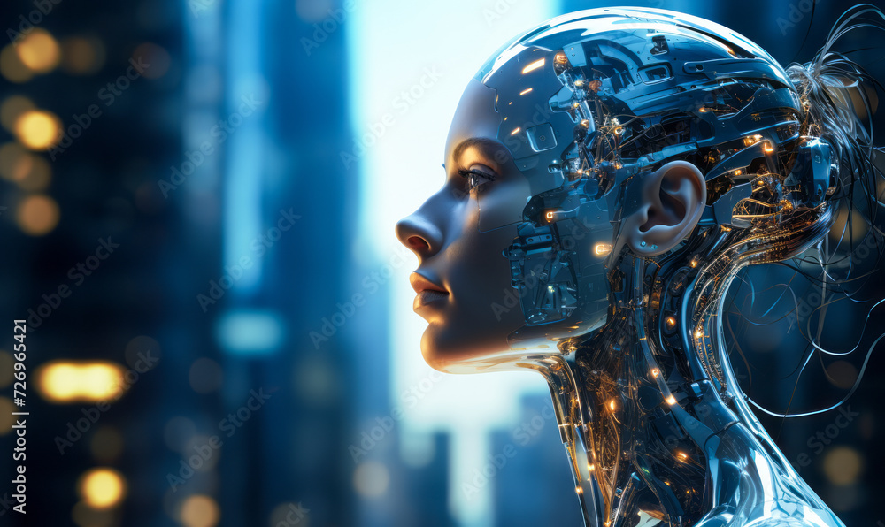 Profile view of a futuristic AI humanoid with a transparent cranial ...
