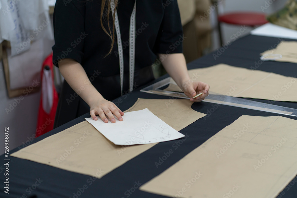 transfering clothes paper patterns onto fabric in the wear workshop ...