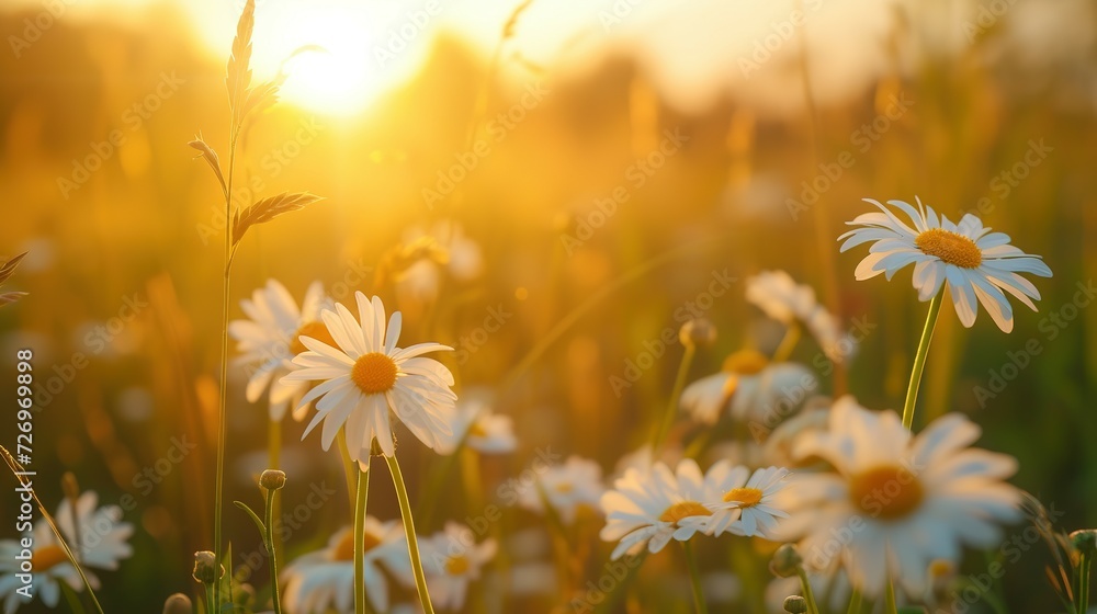 The landscape of white daisy blooms in a field, with the focus on the ...