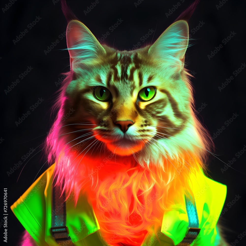 Realistic lifelike Maine Coon cat kitten kitty in fluorescent electric ...