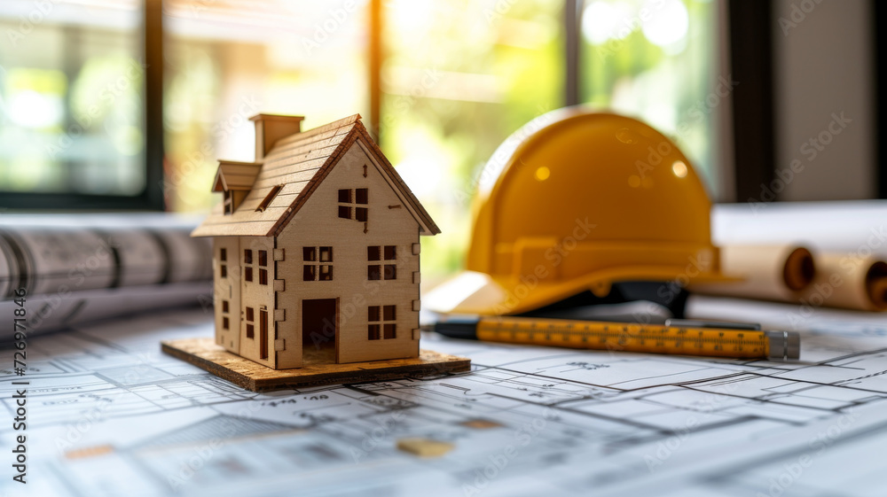 A wooden model of a house placed prominently on construction plans ...
