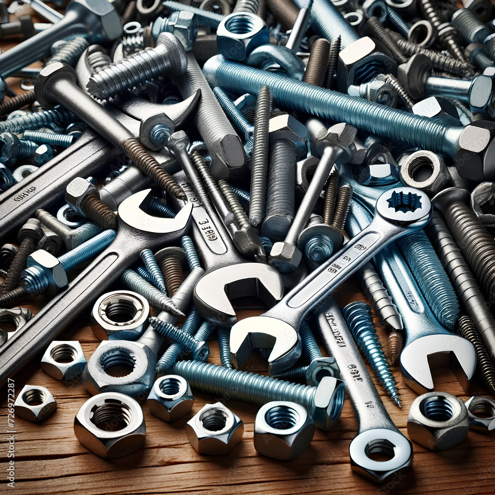image of a group of screws and wrenches, including bolts, nuts, and ...
