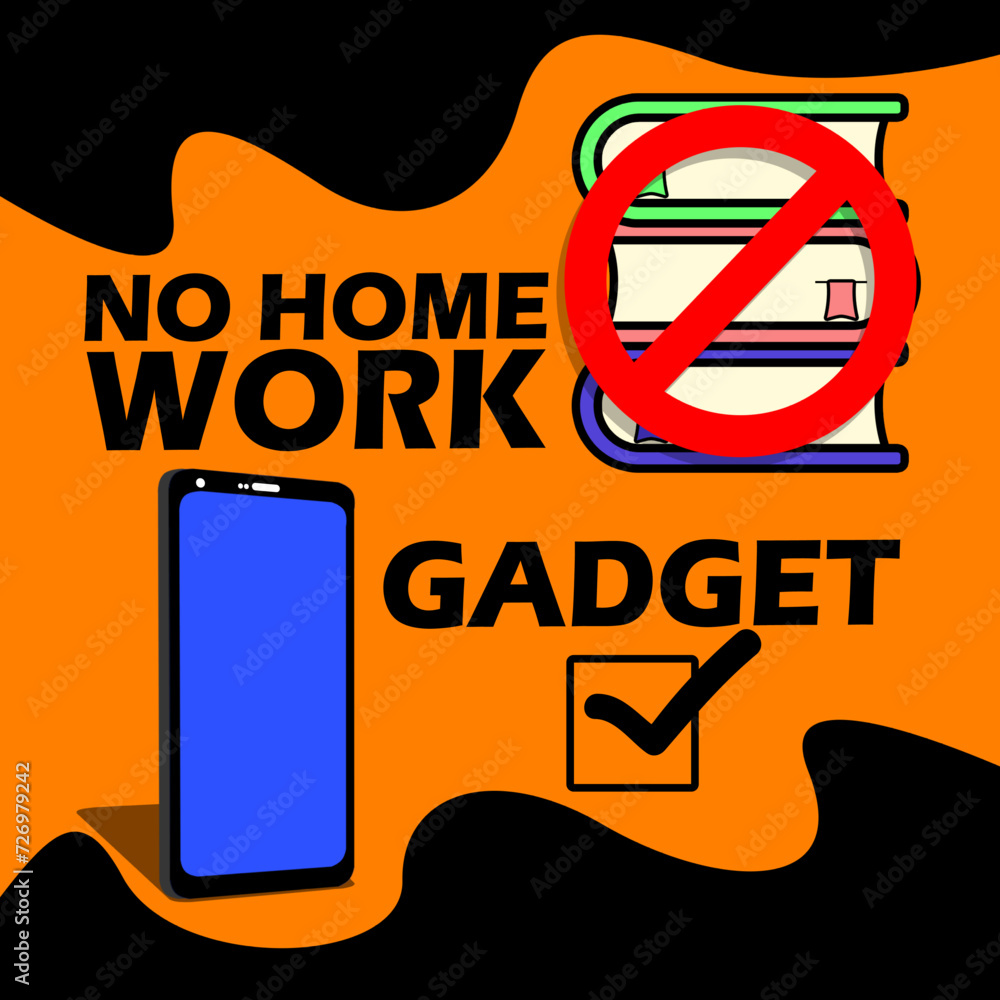 No Homework Day event banner. A pile of books with prohibition symbols ...