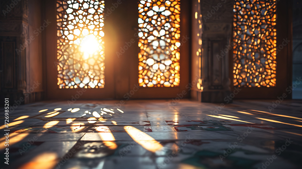 Islamic background light with mosque window ornament scene Stock Photo ...