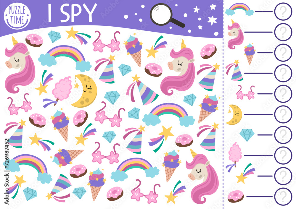 Unicorn I spy game for kids. Searching and counting activity with ...