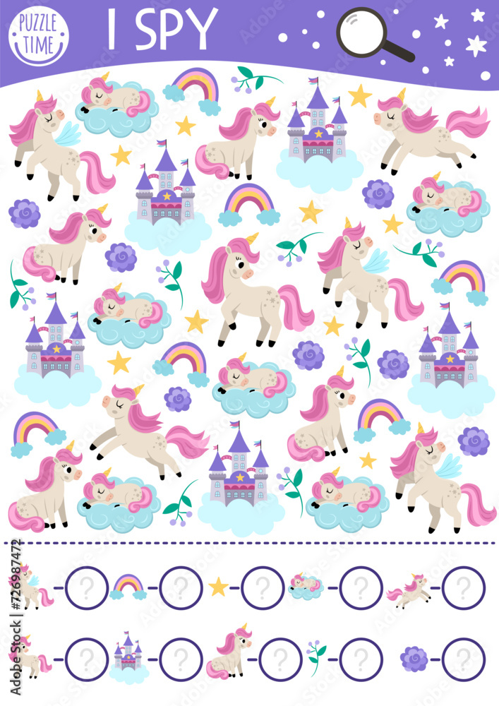 Unicorn I spy game for kids. Searching and counting activity with ...