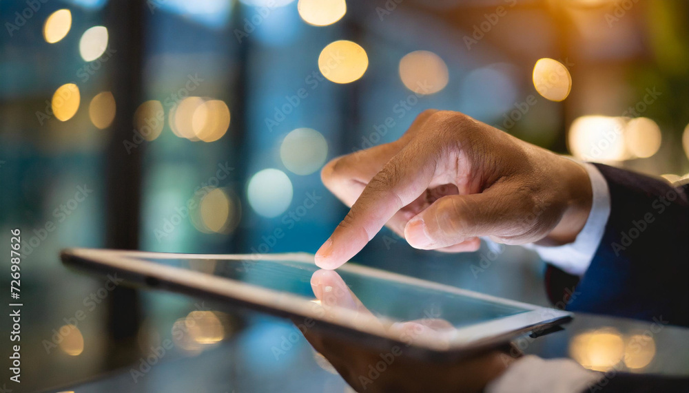 Hand taps on tablet in dim light, capturing the stress of digital ...