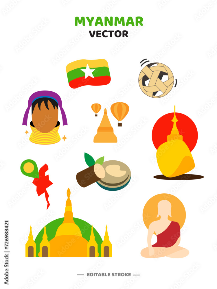 Myanmar flat icons set. Burmese element icon map and landmarks symbols ...