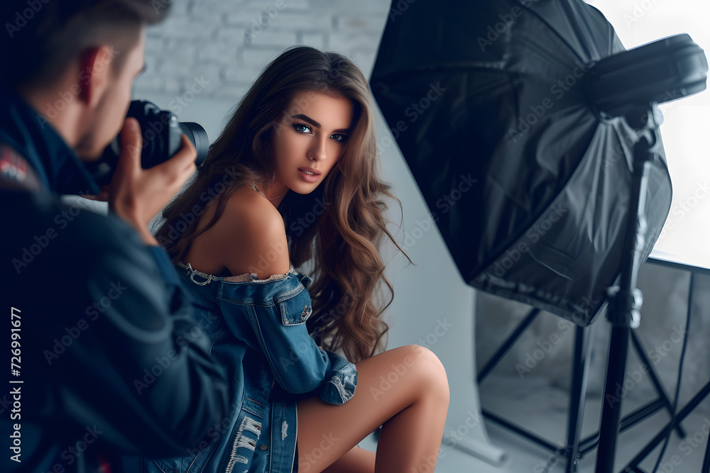 Beautiful model posing for male photographer in studio. Rare view of ...