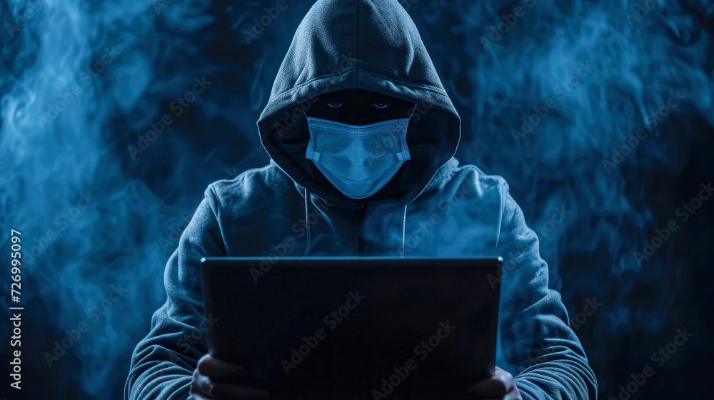 An unidentified hacker wearing a balaclava and hoodie using a laptop in a dark environment ...