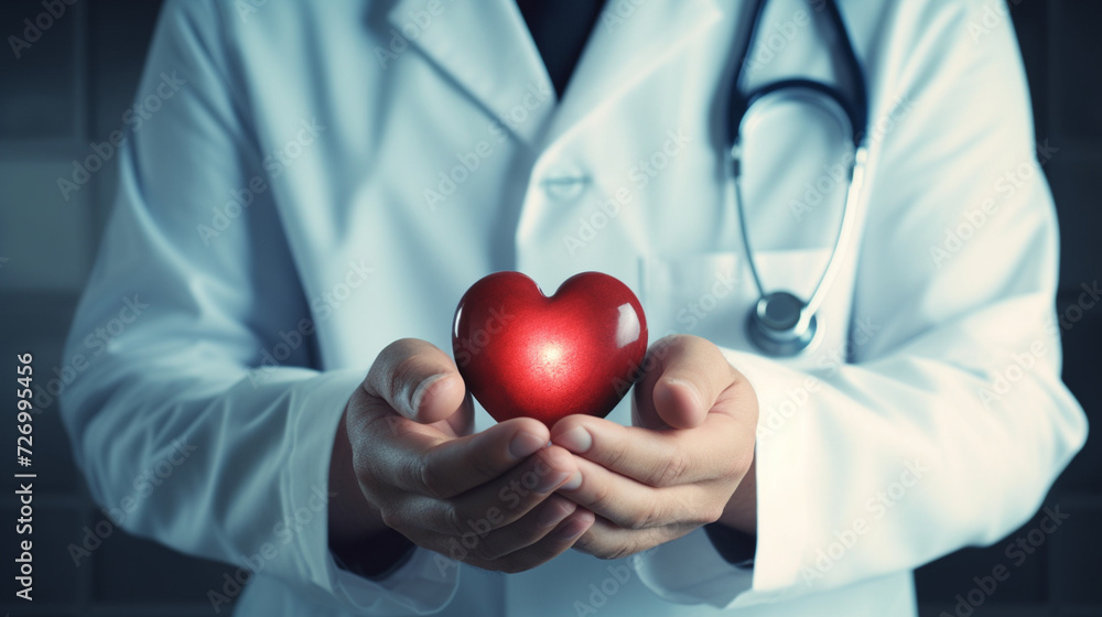 Doctor's hand holding a red heart shape in a hospital. love, donor ...