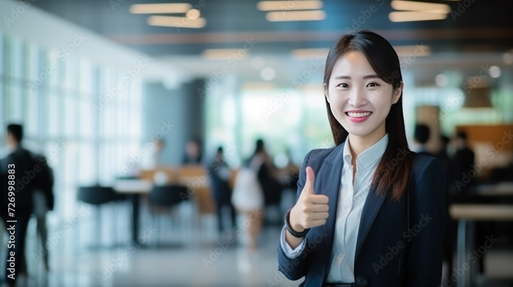 Successful businesswoman standing and giving thumbs up demonstrating excellence with best ...