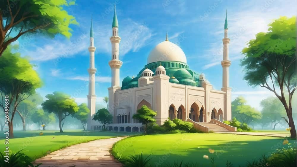 Islamic animation of beautiful mosque building and beautiful trees ...