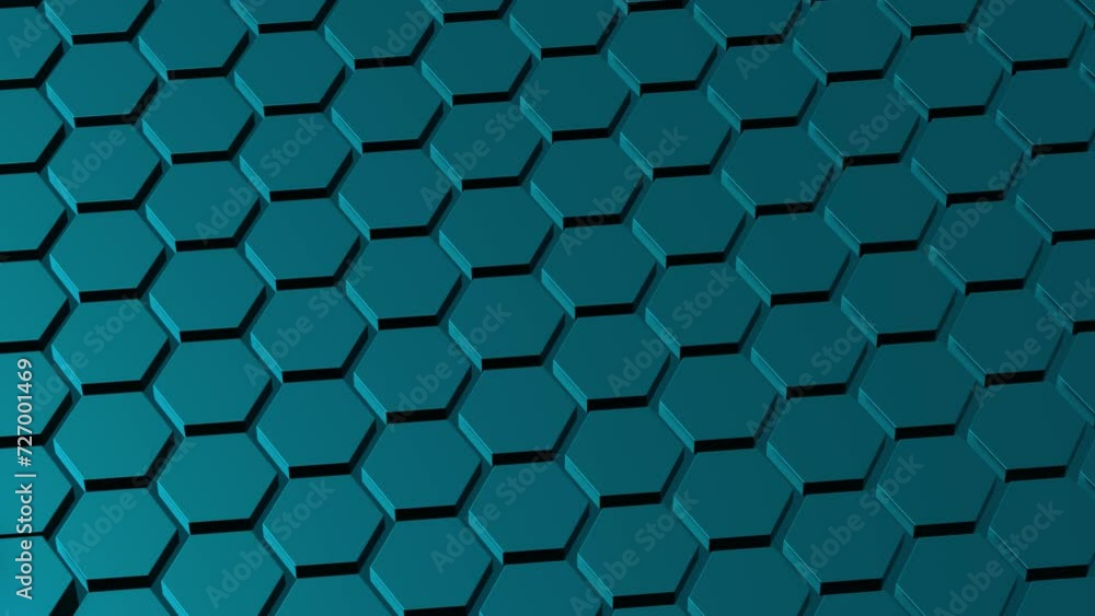 Blue hexagon honeycomb shapes matte surface moving randomly. Bright 3D ...