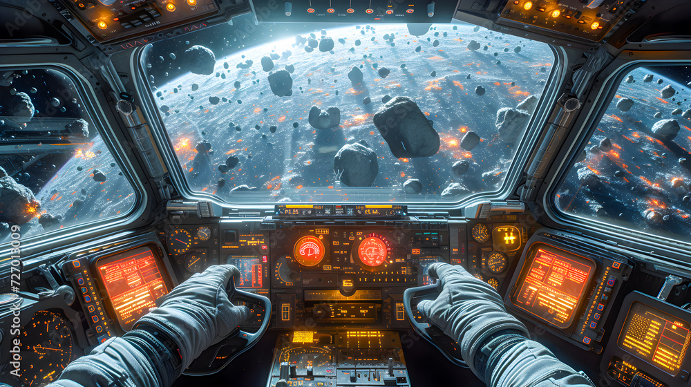 Inside a spacecraft cockpit with hands on controls, navigating through ...