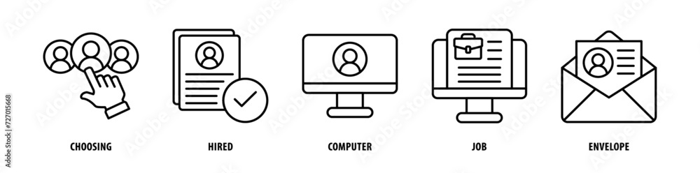 Set of Envelope, Job, Computer, Hired, Choosing icons, a collection of ...
