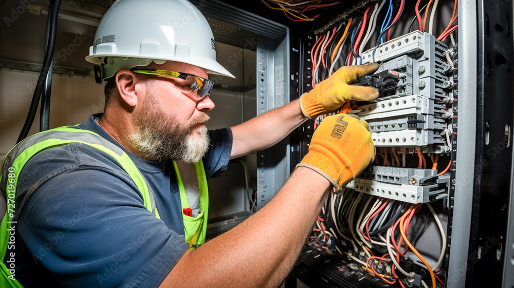 A confident male electrician works in a switchboard with an electrical ...