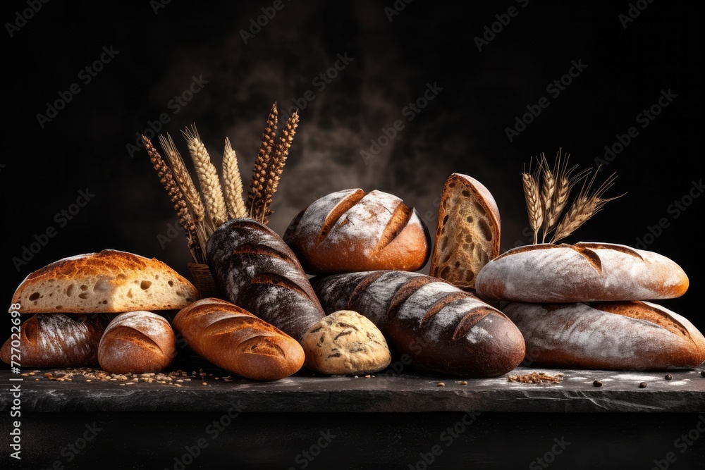 Different types of bread, rolls and pastries, food concept. Generative ...