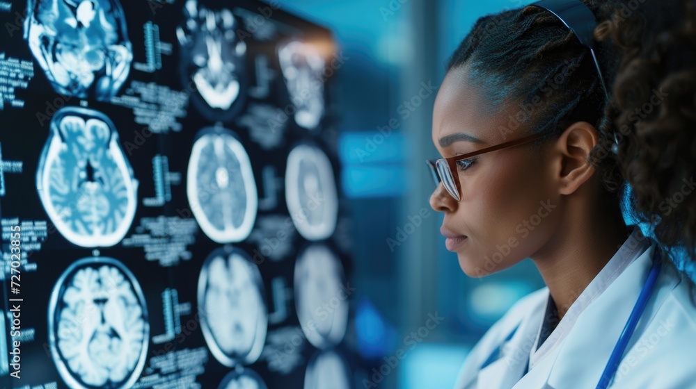 medical professional african american doctor examines brain MRI scans ...